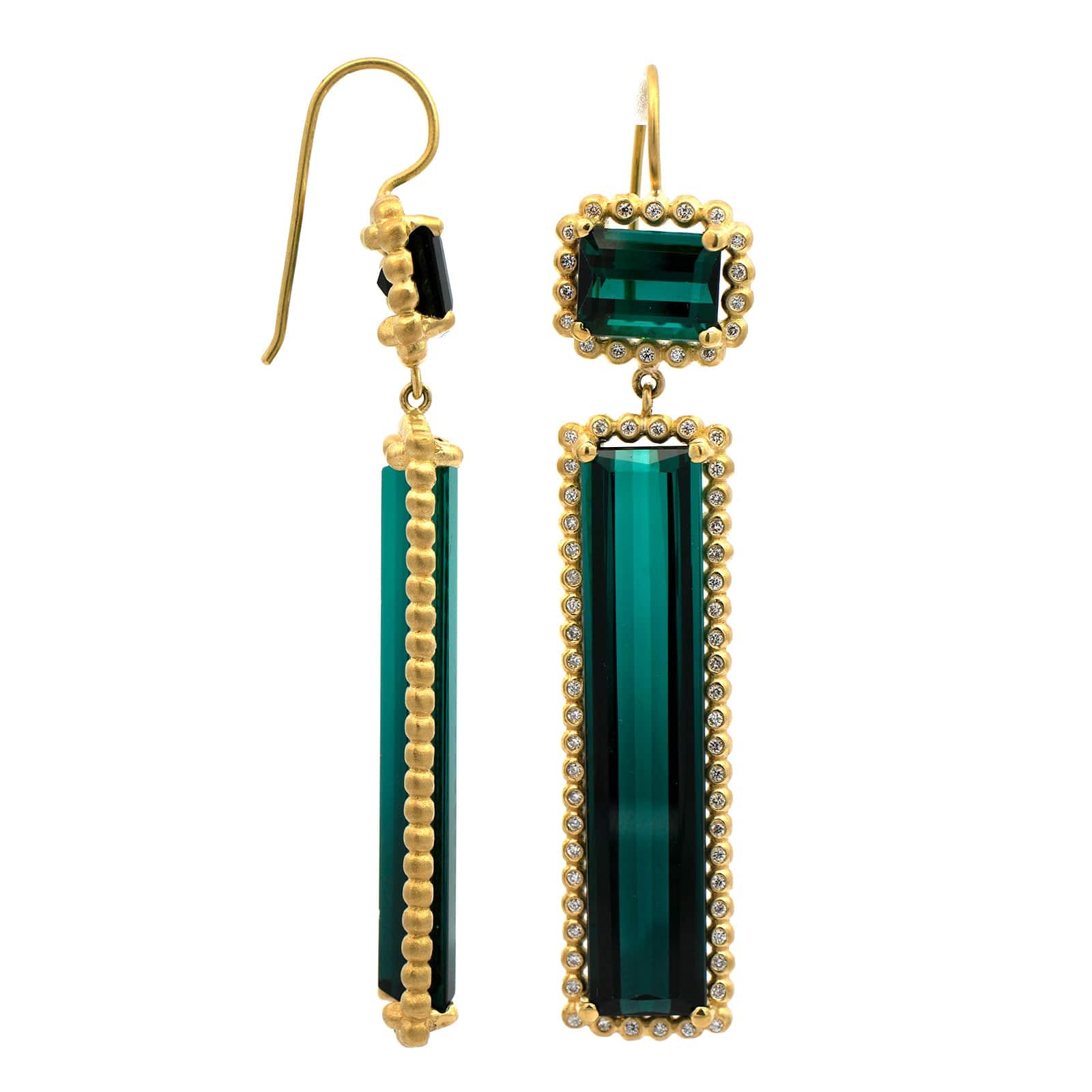 Suzy Landa 18K Yellow Gold Double Drop Tourmaline and Diamond Earrings ...