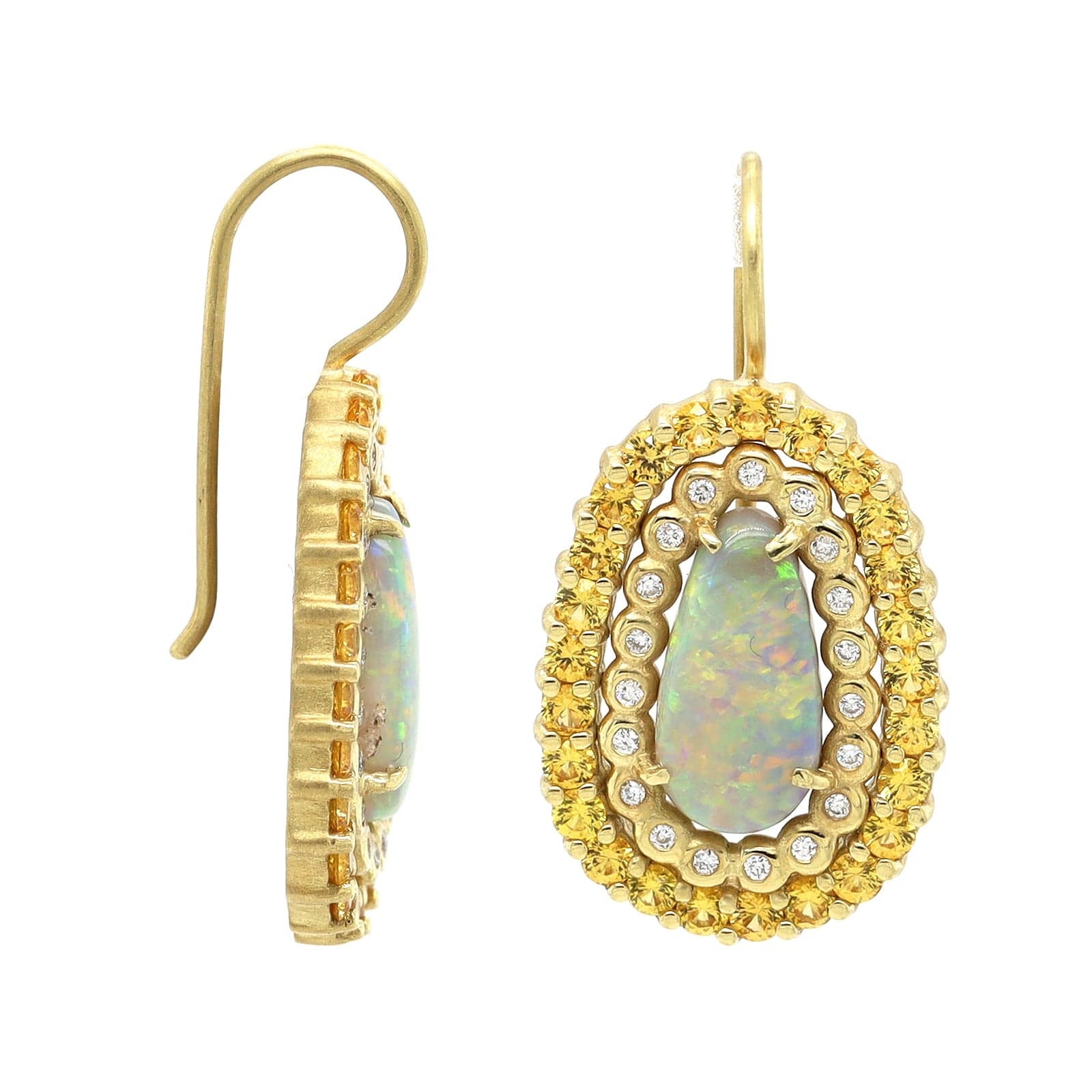 Suzy Landa 18K Yellow Gold Opal, Sapphire, and Diamond Earrings – Long ...