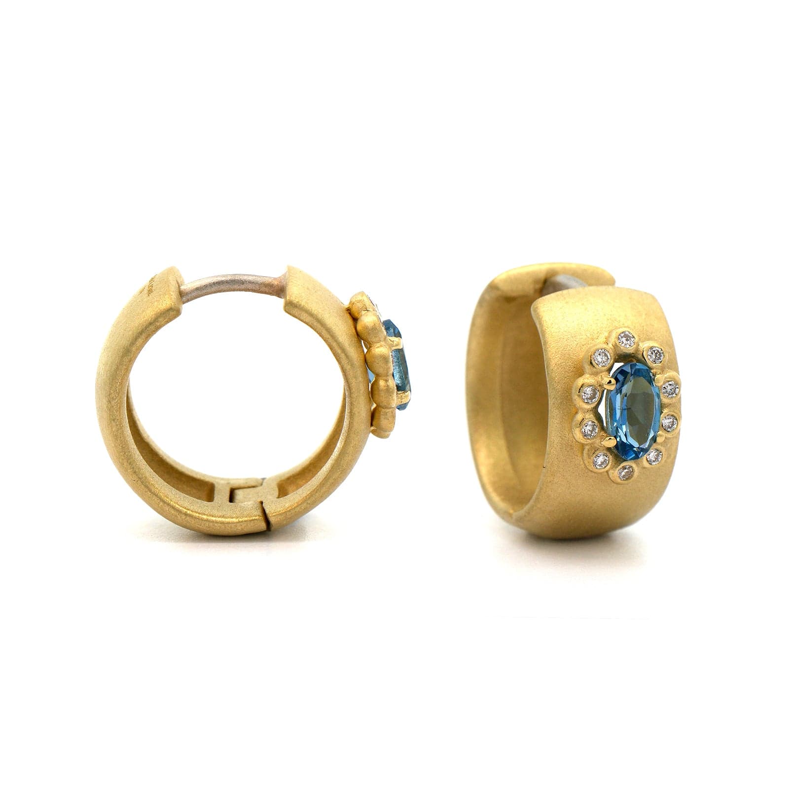 Suzy Landa 18K Yellow Gold Oval Aquamarine and Diamond Huggie Earrings ...