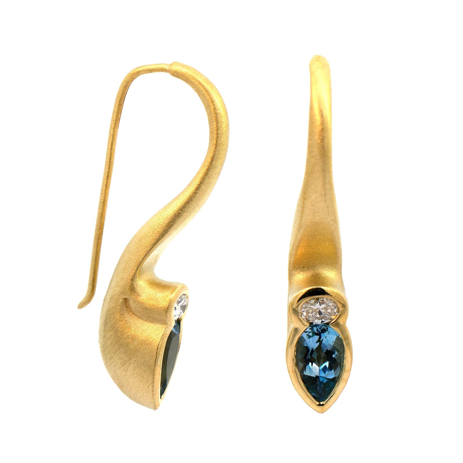 Suzy Landa 18K Yellow Gold Aquamarine and Diamond Saxophone Drop Earri ...