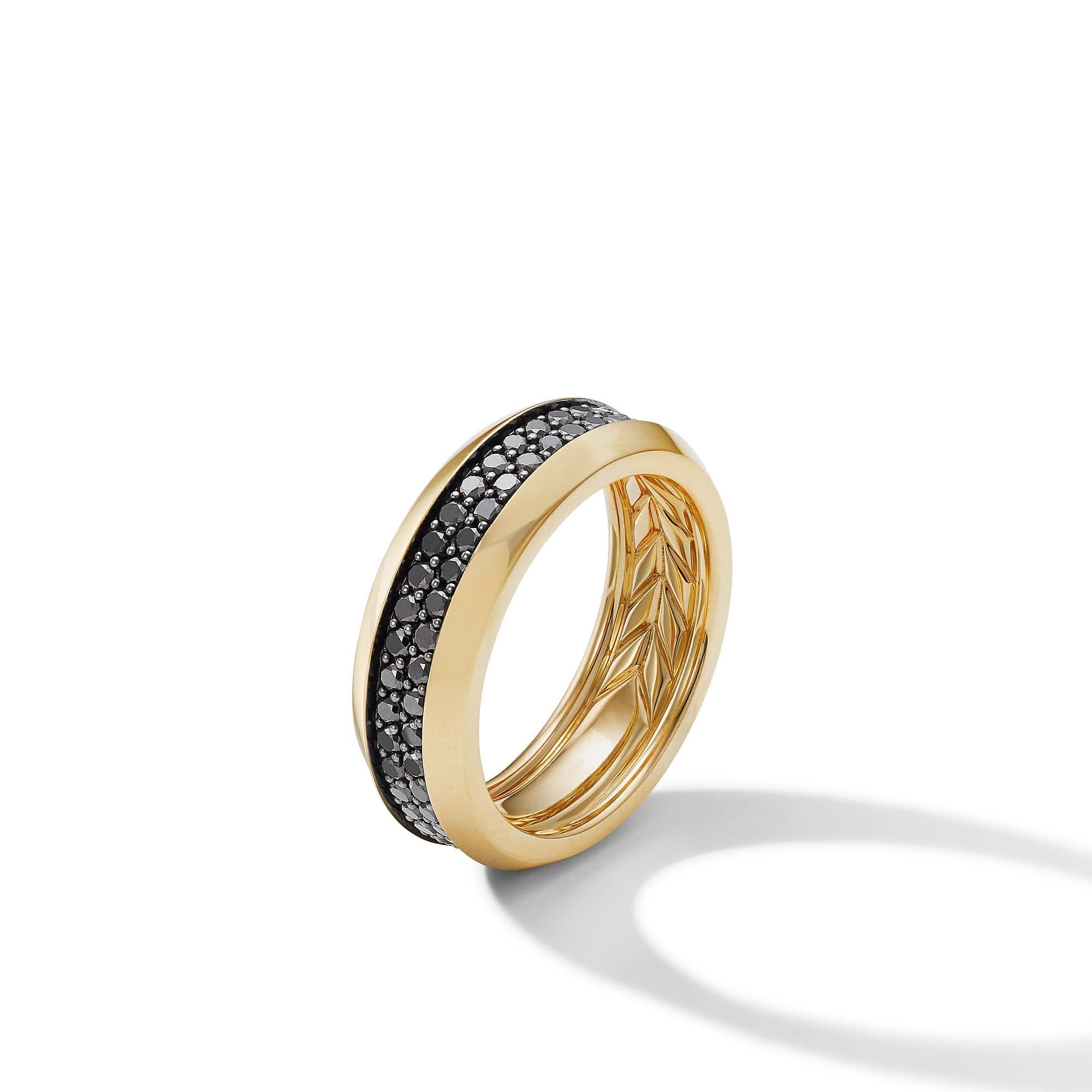 Beveled Two Row Band Ring in 18K Yellow Gold with Pavé Black Diamonds ...